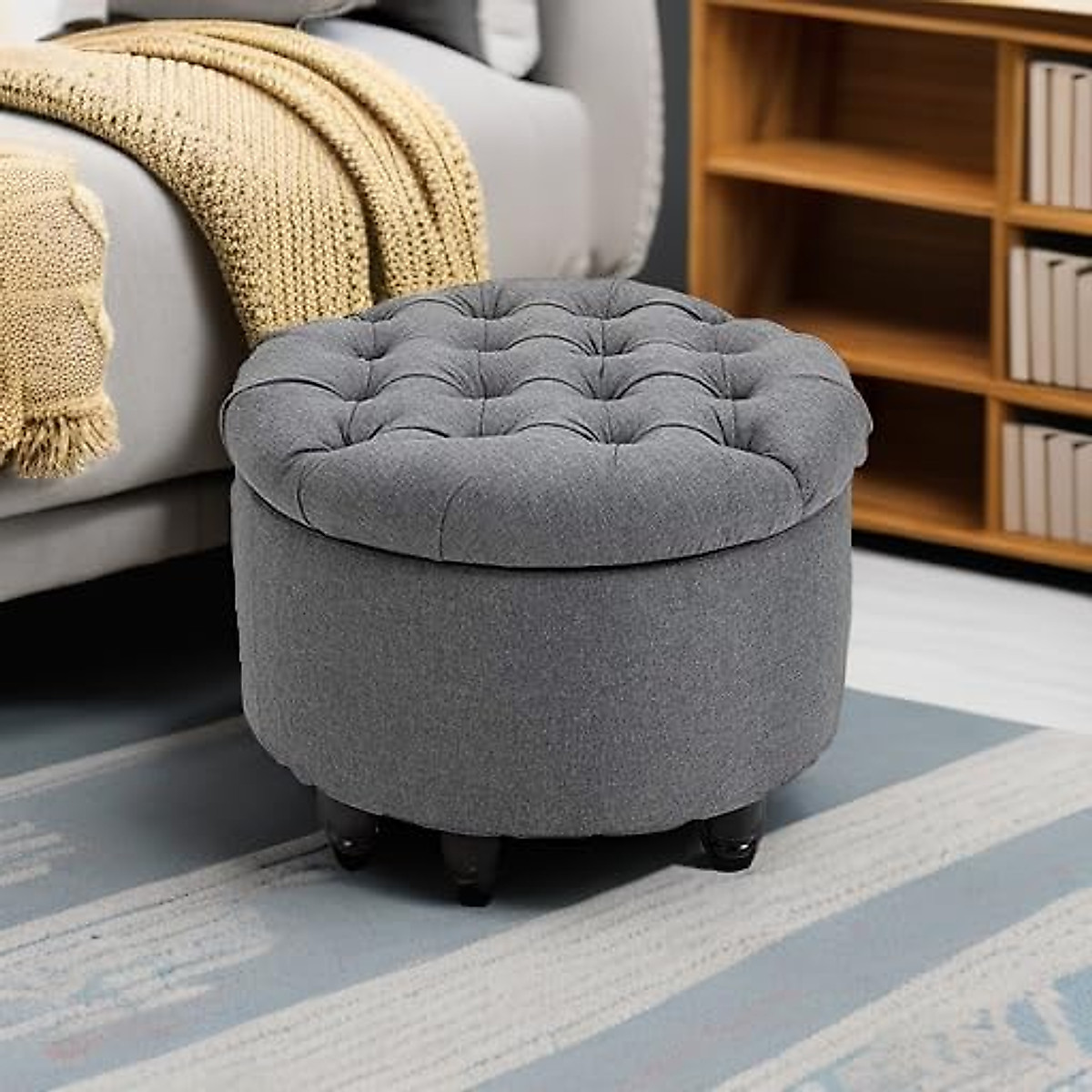 HOMCOM Round Linen-Touch Fabric Storage Footstool Ottoman Button Tufted Footrest with Removable Lid, Grey