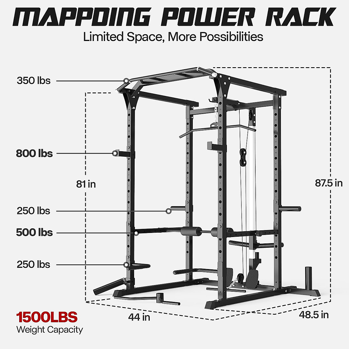 Mappding 1500 LBS Power Cage, Squat Rack for Home Gym with LAT Pullup System with 3 Grip Variation, T Bar, Leg Hold-Down Attachment, Weight Cage with More Training Attachment for Garage Workout, Black