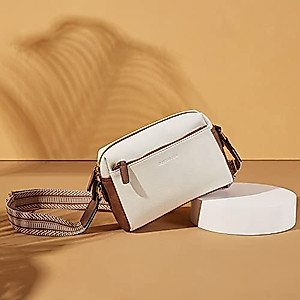 BOSTANTEN Small Crossbody Purse for Women Triple Zip Cell Phone Leather Shoulder Handbag with Wide Guitar Strap Beige with Brown