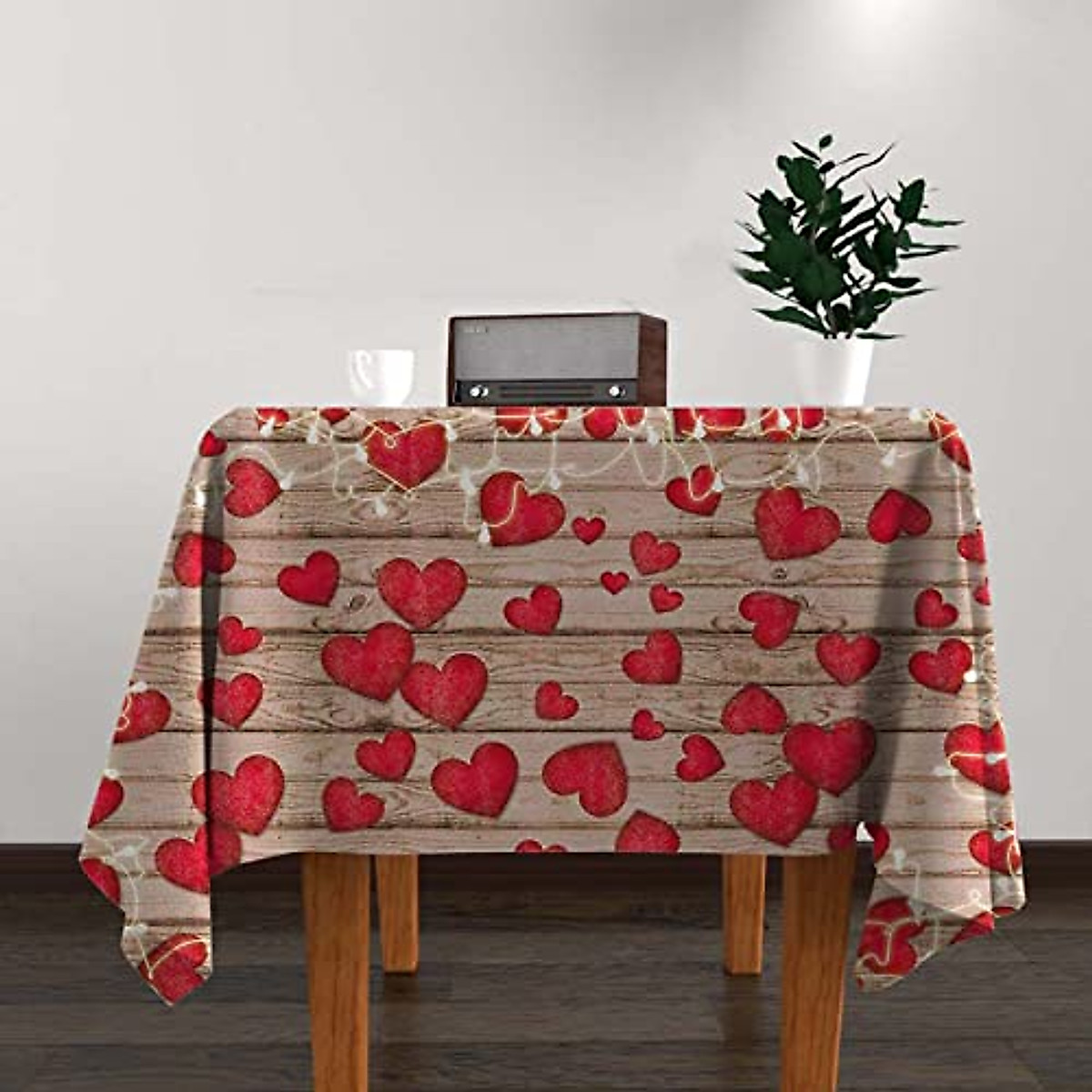HQM Valentine's Day Table Top Collection Rectangle Fabric Red Love Classic Wooden Floor Tablecloth for Mother's Day Valentine's Day Wedding Home Kitchen Dining Decoration Table Runner 84x60inch