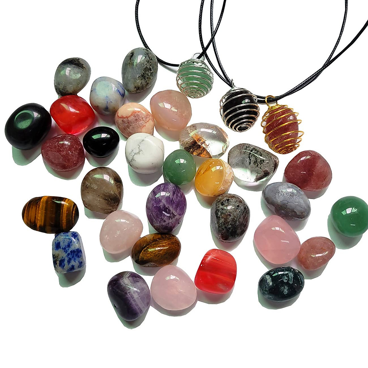 Rocktone 10once Gemstones Beads Tumbled Healing Stones Energy Crystals Pocket Stones Natural Polished Gemstones with 3 Sets Crystals Pendants for Wicca, Reiki, Jewelry Making 0.5''-1''