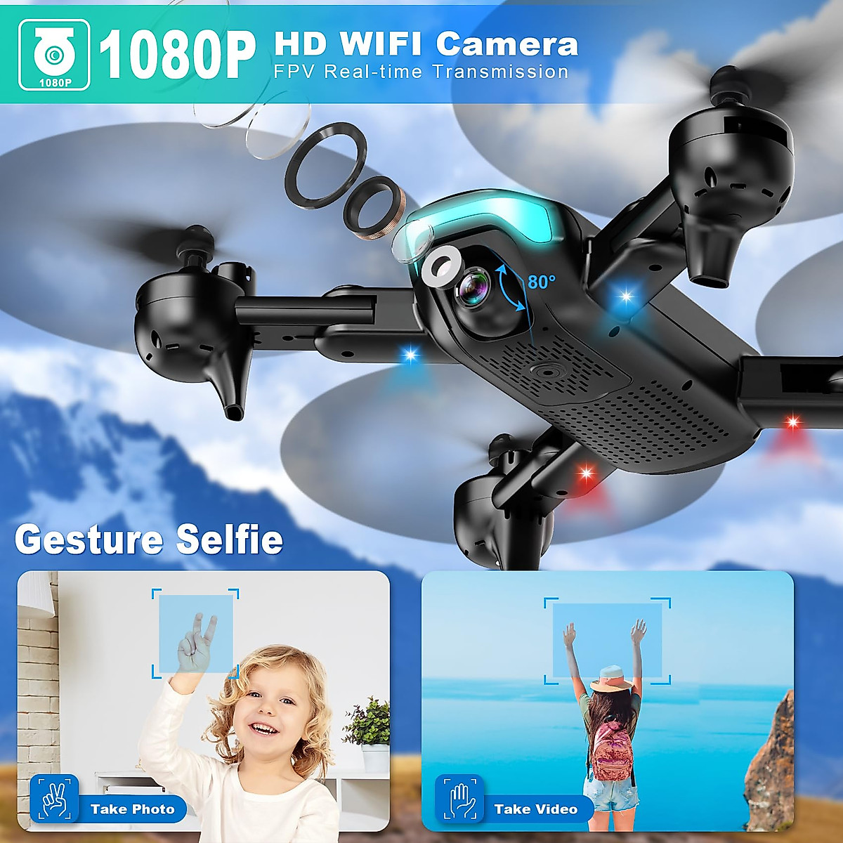 REDRIE Drone with Camera - Foldable Drone for Kids Adults with 1080P FPV Camera, Upgrade Altitude Hold, Gestures Selfie, Waypoint Fly, Headless Mode, 3D Flip, One Key Start, 3 Speed Mode, Circle Fly, 2 Batteries