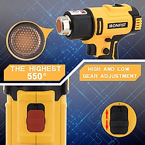 IRONFIST Heat Gun Cordless Lithium 20V Hot Air Gun 2-Temp Setting Max 1022°F(550°C) Heat Gun for Crafts, Shrink Tubing, Resin & Decorating Compatible with DEWALT Battery (Tool Only, NO Battery)