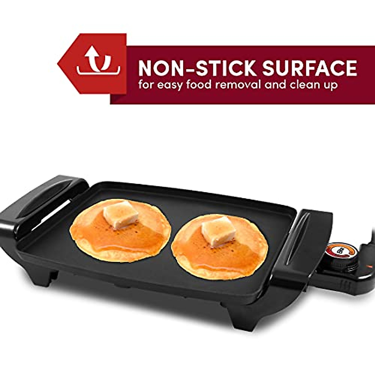 Elite Gourmet EGR2722A Electric 10.5" x 8.5" Griddle, Cool-touch Handles Non-Stick Surface, Removable/Adjustable Thermostat, Skid Free-Rubber Feet, Black