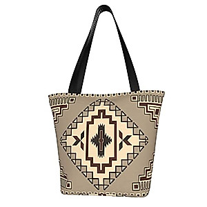Beige Navajo Traditional Geometric Women's Shoulder Handbag Casual Tote Bag Storage Handle Bag