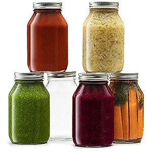 Paksh Novelty Glass Regular Mouth Mason Jars, 32 Oz Jars with Silver Metal Airtight Lids for Meal Prep, Dry Food Storage, Canning, Drinking, Overnight Oats, Jelly, Spices, Salads, Yogurt (6 Pack)