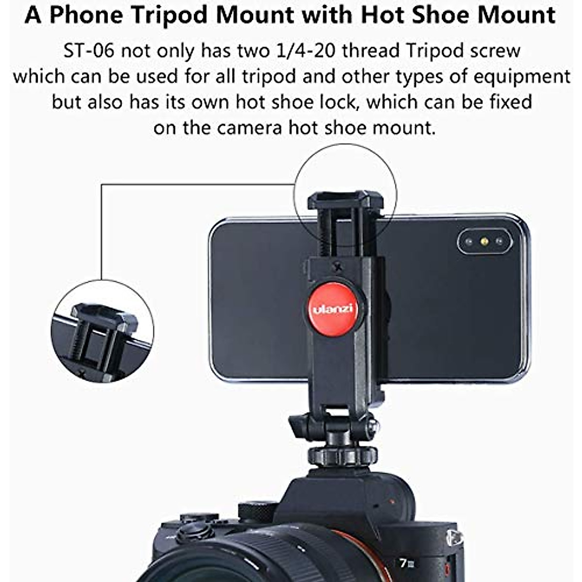 ULANZI ST-06 Camera Hot Shoe Phone Holder Flexible Phone Tripod Mount Adapter w Cold Shoe Mount for Microphone LED Light for DJI Ronin SC iPhone Samsung Canon Nikon DSLR Camera Ring Light Photography