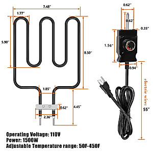 Hisencn Grill Heating Element Replacement Parts for Masterbuilt 30-inch Electric Smokers 20070210/MB20070210, with Adjustable Thermostat Cord Controller for Most Smokers and Grills 1500 Watt 110 Volt