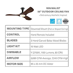 Monte Carlo 3MNLR56BKD-V1 Minimalist Mid-Century Energy Star 56" Outdoor Ceiling Fan with LED Light and Remote, 3 Hand Carved Balsa Wood Blades, Matte Black