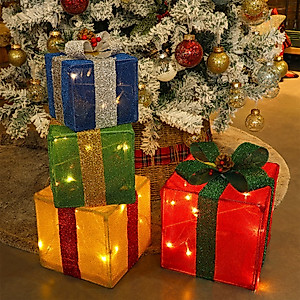 Set of 4 Christmas Lighted Gift Boxes Decorations, Pre-lit Tinsel Present Box with Bowknot(Red Green Yellow Blue), Light Up Xmas Tree Skirt Ornament, Indoor Outdoor Plug in for Home Holiday Party