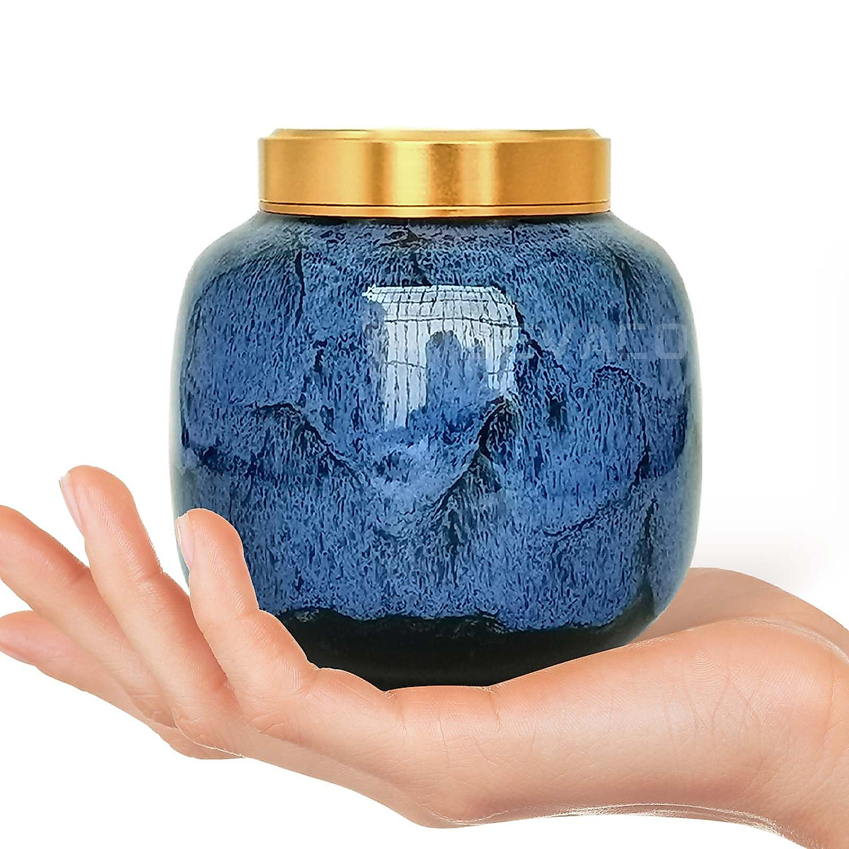Blue Handmade Ceramic Urn for Ashes - 6.7 fl oz (0.8 Cup) Memorial Keepsake (3.15" H) with Secure Aluminum Lid, Small Urn for Pets, Children & Sharing Adult Ashes