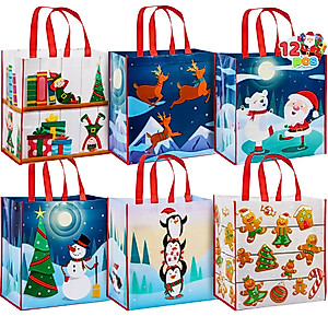 JOYIN 12 PCS 13.75" x 14" Christmas Large Tote Bags Holiday Reusable Grocery Bags for Classroom Party Favor Supplies