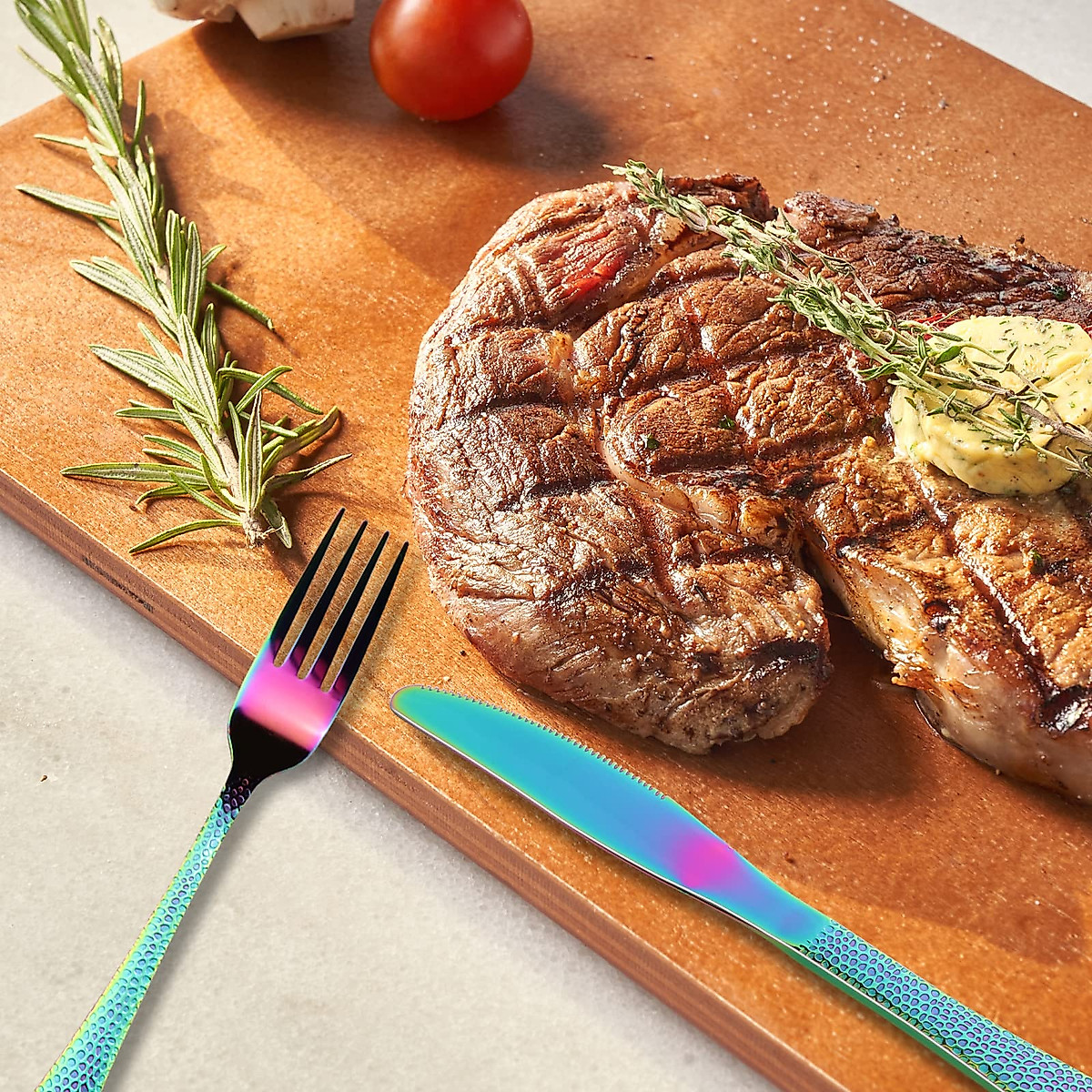 Anyagolgo Reusable Travel Utensils set with Case Stainless Steel 4pcs Steak Knife,Fork,Spoon,Coffee Spoon,for Lunch Camping School Picnic Workplace Travel Easy to Clean Dishwasher Safe(illusion-color)