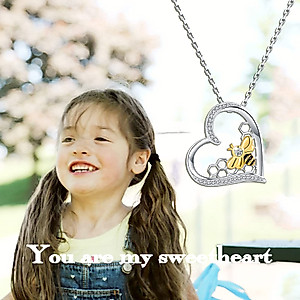 925-Sterling-Silver Heart Honeycomb Bee Necklace - Embellished With Zirconia Queen Bee Jewelry,Plated White Gold + 18K Gold Cute Animal Bumblebee Pendant Gift for Women & Honeybee Lover