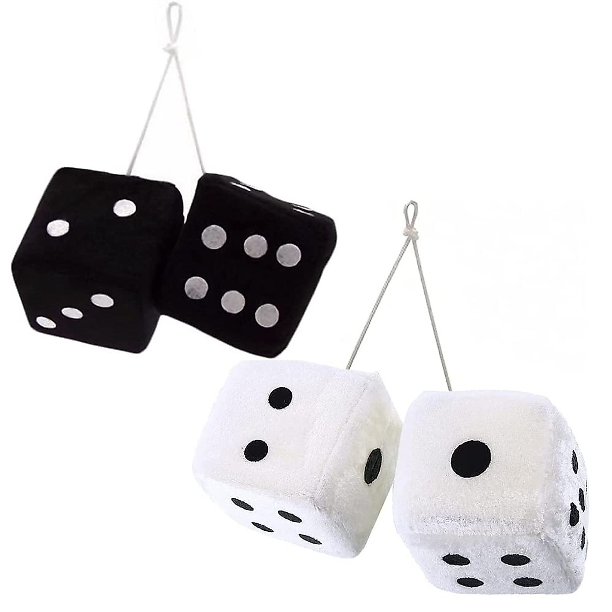 [4 DICE 2 Pack] Retro Hanging Dice for Car Mirror Black and White (Nostalgic 80’s Fuzzy Car Dice for Mirror) Plush Car Accessories (Set of 2)