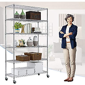 6 Tier Storage Shelves, Wire Shelving Metal Shelf Adjustable Height, Heavy Duty Garage Storage Shelves with Wheels, 82 "H x 48 "L x 18 "W, 2100 lb Weight Capacity (Chrome)
