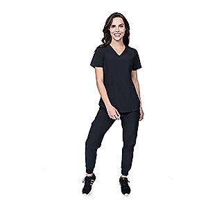 V-Neck Jogger Scrubs for Women Set 6 Pocket 4-Way Stretch for Medical Dentist Spa Elements Select ES2936 (Black, X-Small Tall)