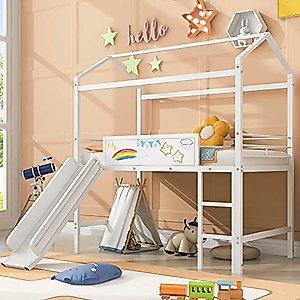 Twin Size House Loft Bed with Slide, Metal Bedframe w/Two-Sided writable Wooden Board,Kids Loft Bed Frame Built-in Ladder for Girls Boys Teens,No Need Spring Box,White