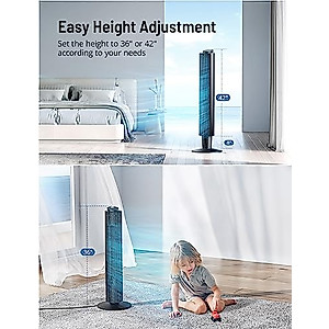 PARIS RHÔNE Tower Fan with Remote, 90° Oscillating Quiet Cooling Fan, 42'' or 36'' Height Adjustable, 5 Speeds, Sleep Mode, 12H Timer, Tall Standing Room Fan for Bedroom, Office and Home