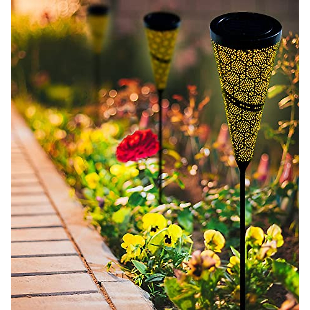 Solar Lights, Outdoor Garden Lanterns,Stake Lights Warm White, LED Waterproof Decorative Metal Light for Porch Garden Patio Backyard Courtyard Pathway 2 Pack