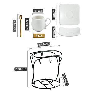 LYEOBOH Espresso Cups with Saucers Set, Porcelain Coffee Cups and Metal Stand and Spoons, Small Demitasse Cups for Espresso, Latte, Cafe Mocha, Cappuccino, and Tea, 3 OZ, Set of 6, White