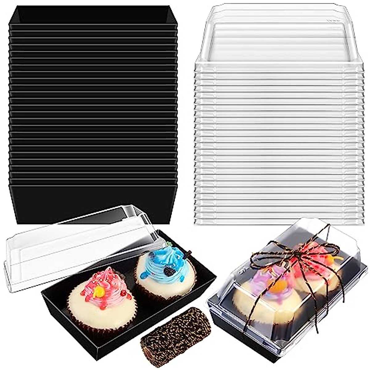 150 Pcs Paper Charcuterie Boxes with Clear Lids and Cotton Rope 5.5 Inches Disposable Food Containers Bakery Boxes for Dessert, Sandwich, Cupcake, Cookie, Chocolate, Strawberry (Black)