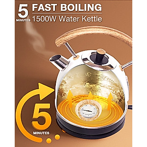 Electric Tea Kettle, Hot Water Boiler with Thermometer 1.7 Liter Stainless Steel Teapot, BPA Free, 1500W, SMOLON Wood Pattern Handle Pour-Over Electric Kettle with LED Indicator Auto Shut-Off, White