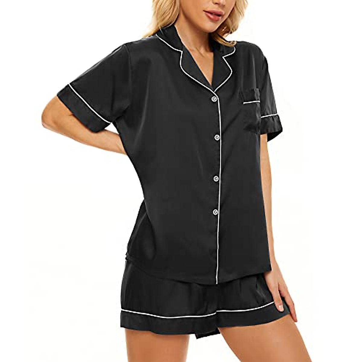 Zando Womens Two Piece Pajama Set Sexy Pajamas for Women Silk Ladies Pajamas Satin Pajamas Womens Button Down Pajama Shorts Set Women's Sleepwear Bride Pajamas Comfort PJS Black Small