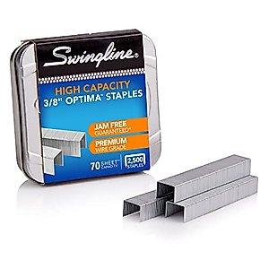 Swingline Staples, Optima, High Capacity, 3/8" Length, Jam Free, 125/Strip, 2500/Box, 1 Box (35550)