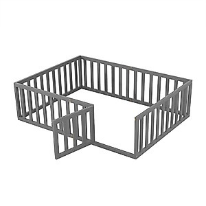 Harper & Bright Designs Full Floor Bed for Kids, Montessori Bed Frame with Guardrails and Door, Wooden Floor Full Bed for Kids, Boys Girls (Full Size, Gray)