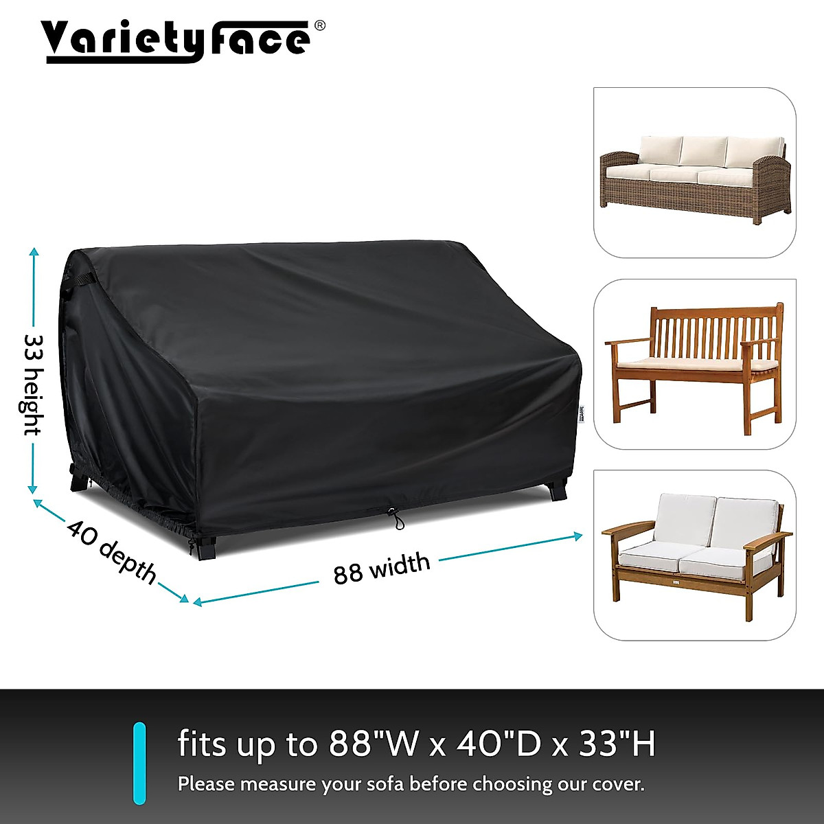 Varietyface Patio Furniture Covers Waterproof, 3-Seater Outdoor Sofa Covers Sunproof,Durable Lawn Furniture Covers, Fits up to 88Wx40Dx33H inches, Black