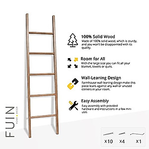 FUIN 6ft Wooden Blanket Ladder Farmhouse Decorative Wall Leaning Rack Holder Display Throw Quilt Rustic Towel Ladder for Bathroom, Light Brown