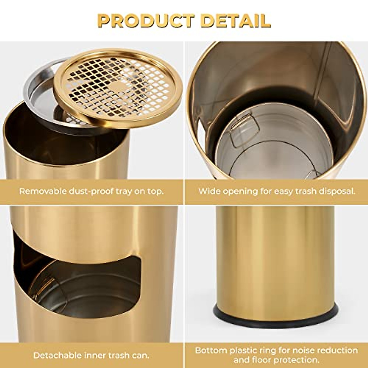 POWLAB Trash Can Outdoor Waste Container Round Stainless Steel Trash Can with Removable Inner Bucket for Disposal Commercial Waste Container 9.8 x 24-Gold Tone