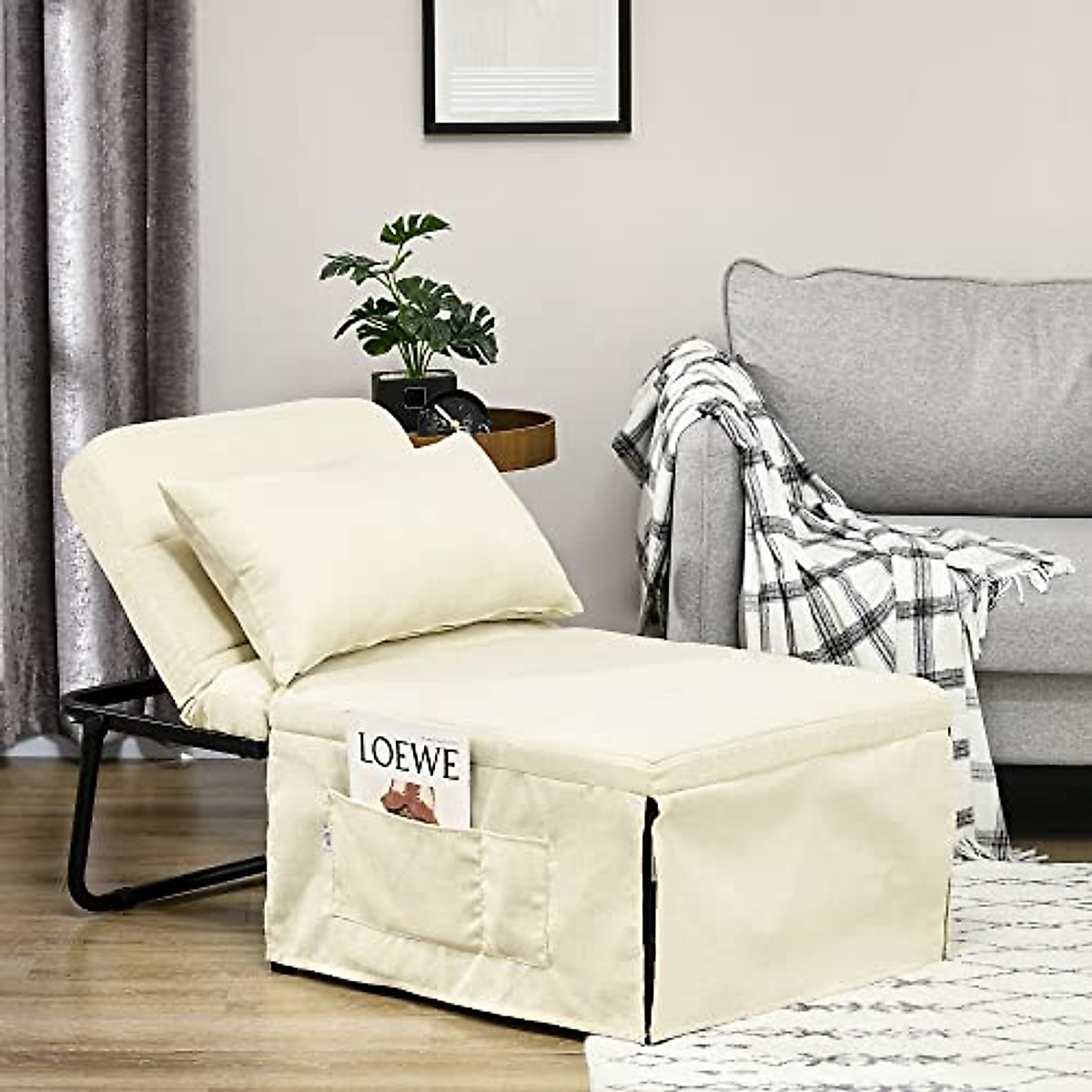 HOMCOM Folding Sofa Bed, 4-in-1 Multi-Function Sleeper Chair Bed Ottoman with Adjustable Backrest, Pillow, Side Pocket for Home Office, Bedroom, Living Room, Cream White