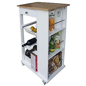 Kitchen Island Cart with Wood Top, Mobile Carts with Storage Shelf, Rolling Kitchen Table with Spice Rack, Service Cart Bar Table with Wine Rack, Small Basket and Drawer, Portable Islands on Wheels