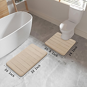 Yimobra Memory Foam Bath Mat Set, 2 Pieces Soft Bathroom Rugs,31.5x19.8 and 24x20.4 U-Shaped for Bathroom Rugs, Toilet Mats, Water Absorption, Non Slip, Thick, Dry Fast for Bathroom Floor Mats, Beige