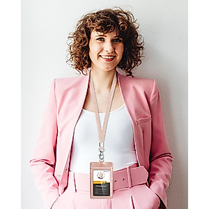 Teskyer Leather ID Badge Holder, Vertical PU Leather ID Badge Holder with 1 Clear ID Window & 1 Credit Card Slot and a Detachable Neck Lanyard (Rose Gold)