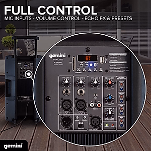 Gemini Sound GSP-L2200PK Indoor 2200 Watt Peak Bi-Amped Wired AC Powered Bluetooth DJ Speaker with 15" Inch Woofer, LED Party Lights, Built in Media Player, and Included Microphone and Speaker Stand