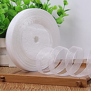 MUWOOB 1 inch White Organza Ribbon, 50 Yard Sheer Chiffon Ribbon for Gift Wrapping, Transparent Wired Tulle Ribbon for Holiday Presents, Birthday Cards, Wedding Party Decoration, Hair Bows Making