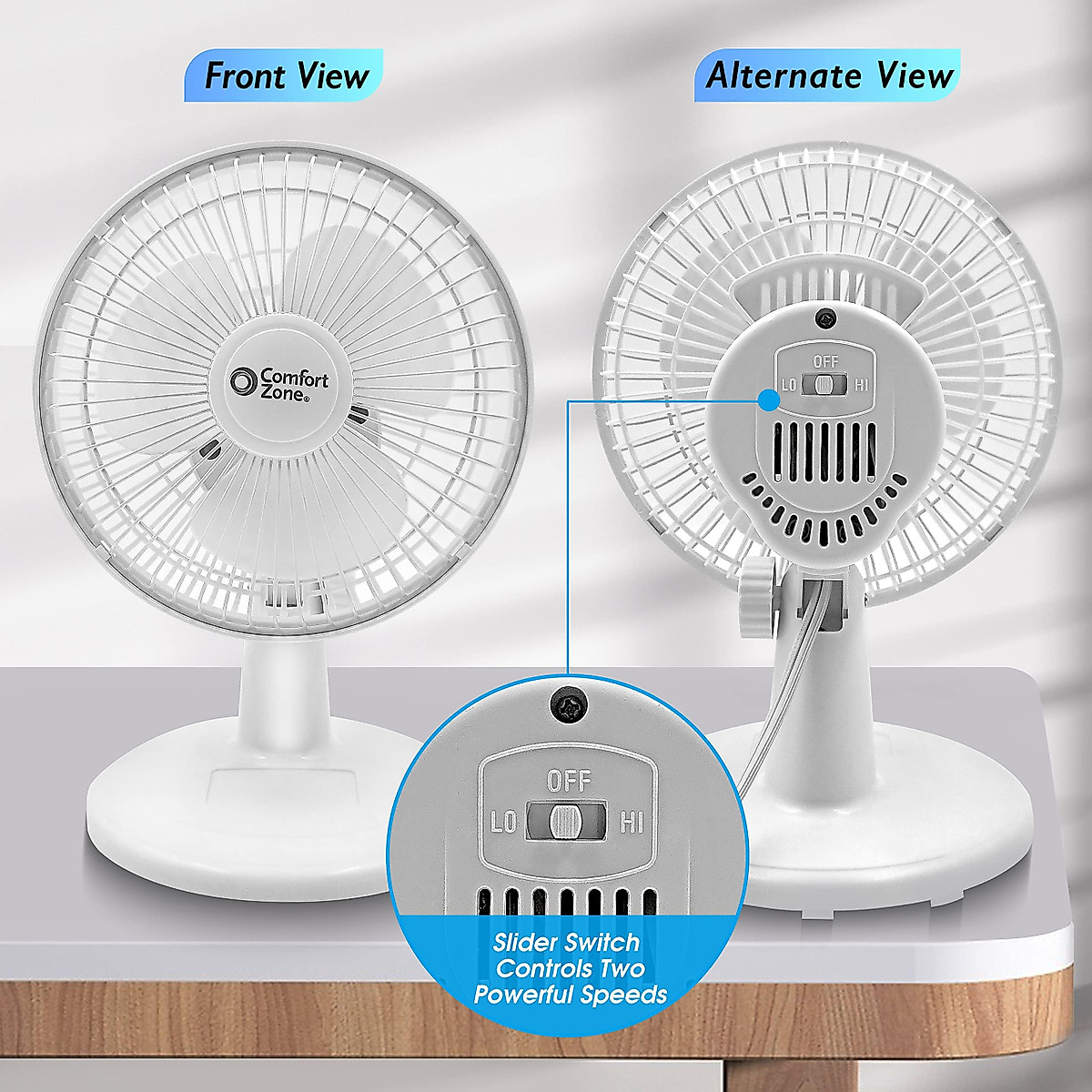 Comfort Zone CZ6D 6" Quiet Portable Indoor 2-Speed Desk Fan with Clip and Fully Adjustable Tilt, White