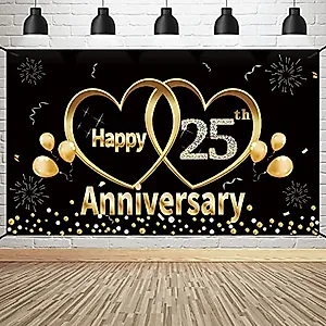 Happy 25th Anniversary Banner Backdrop Decorations - Large 25 Year Wedding Anniversary Party Supplies Décor - Black Gold 25 Anniversary Poster Sign for Outdoor Indoor