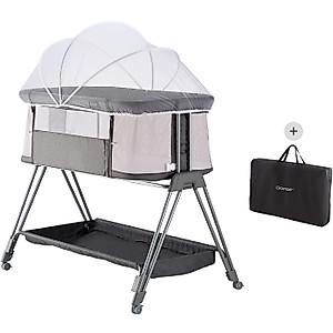 Baby Bassinet Bedside Sleeper, Portable Bedside Bassinet for Baby Travel, Easy Folding 7 Height Adjustable Bedside Crib with Mosquito Net and Carry Bag (Light Grey)