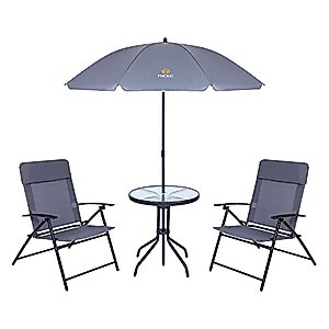 Nice C 3 Piece Patio Dining Set, Garden Outdoor Furniture Table Set with Tilted Removable Umbrella, Glass Table, and 2 Folding Chairs (Grey)