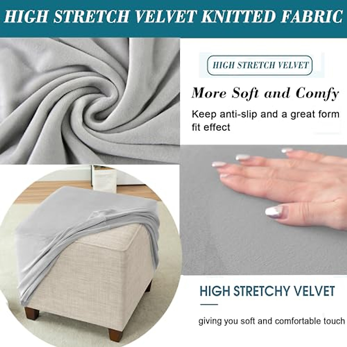 HFCNMY Ottoman Cover Square,Stretch Velvet Square Ottoman Cover Thick Ottoman Slipcover Square Washable Storage Ottoman Cover Foot Stool Cover with Elastic Bottom Light Gray Small