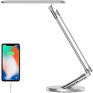 LED Desk Lamp,JUKSTG Eye-Caring Table Lamp 7 Brightness Levels 4 Lighting Modes Home Office Lamps,Desk Light with USB Charging Port,Blue Light Filter,Touch Control,14W Adjustable Reading Lamps,Silver
