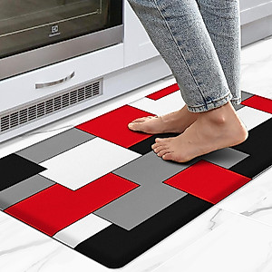 FYATHM Black Red Grey White Kitchen Rug Anti-Fatigue Kitchen Mat for Floor Abstract Art Geometric Waterproof Non-Slip Kitchen Mat and Rug PVC Kitchen Floor Rug Mat for Home Sink Laundry
