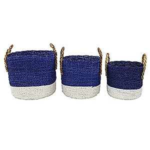 Deco 79 Seagrass Handmade Two Toned Storage Basket with Handles, Set of 3 17", 15", 13"W, Blue