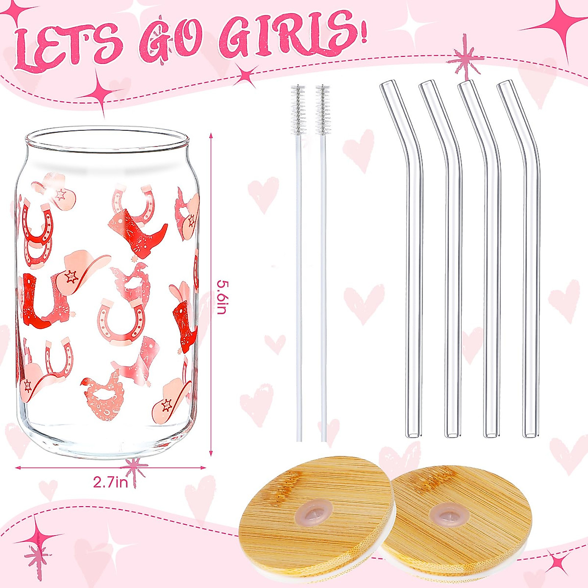 Yaomiao 4 Sets Glass Cups with Bamboo Lids and Straws, 16 oz Drinking Beer Can Iced Coffee Cup with Lid Straw and Cleaning Brush Reusable Tumbler Drinking Glass Coffee Gift Idea (Cowgirl)
