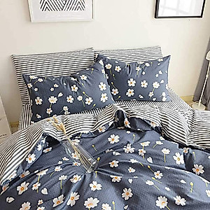 BuLuTu Navy Queen Comforter Cover with Daisy Queen Duvet Cover Set Floral Pattern for Girls 100% Cotton Comforter Cover for Teens,Girls,Ultra Soft Breathable Lightweight
