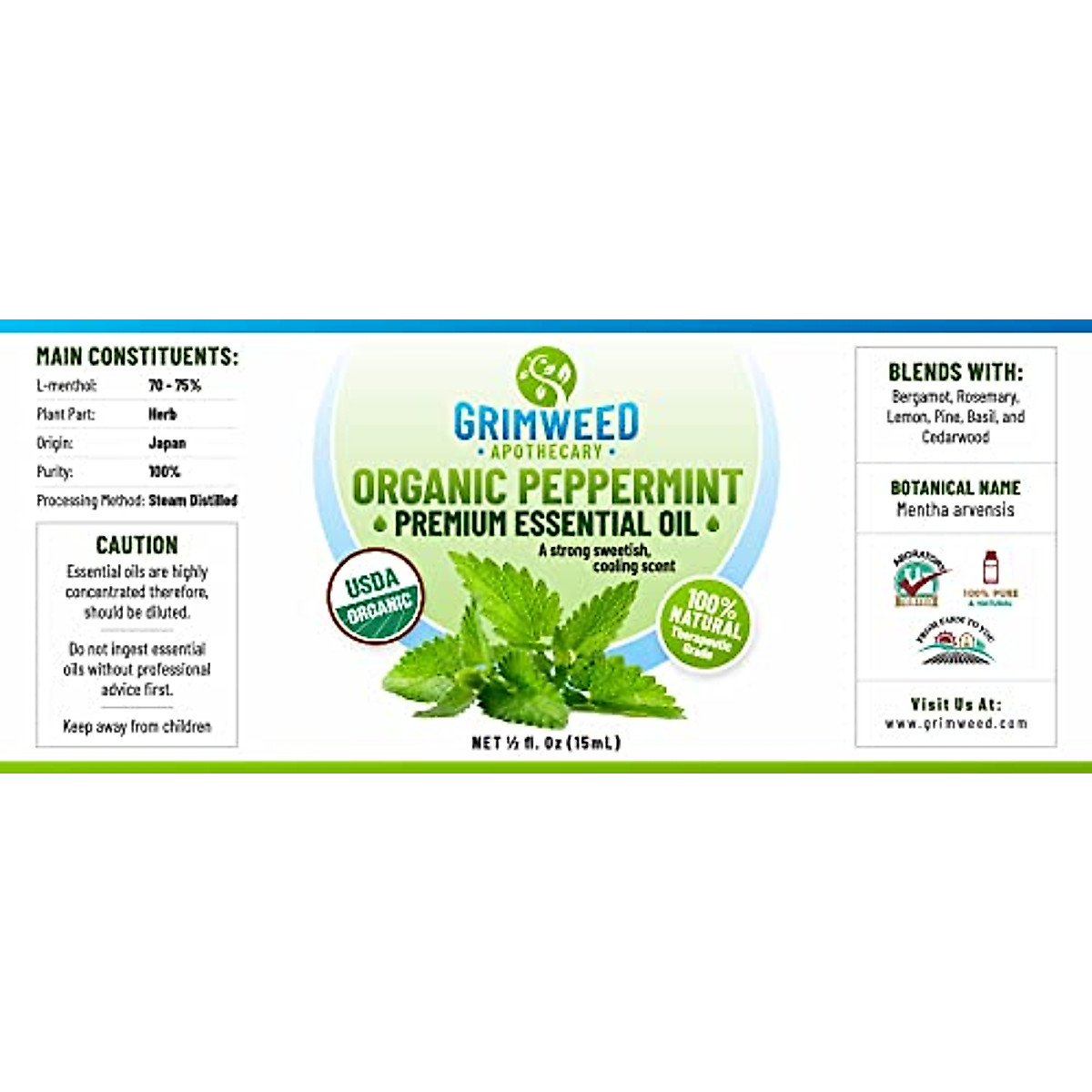 Grimweed Apothecary Organic Peppermint Essential Oil, 100% Pure and Natural | Premium Grade Essential Oils for Diffusers, Aromatherapy, Massage, Humidifiers and Topical uses